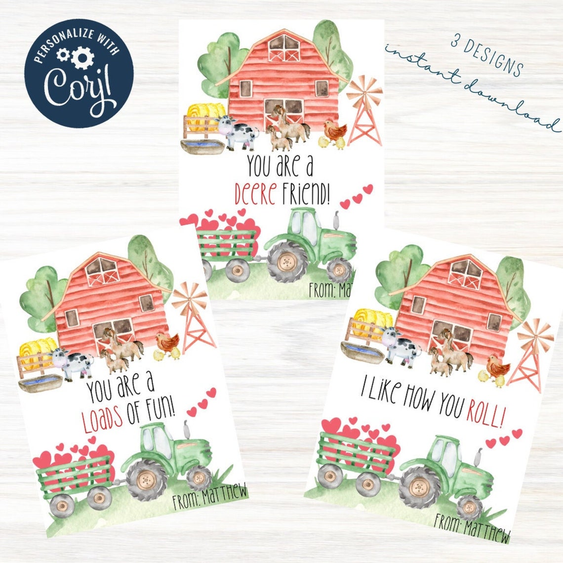 Editable Farm Valentine Cards,tractor Valentines,kids Valentine Cards ...