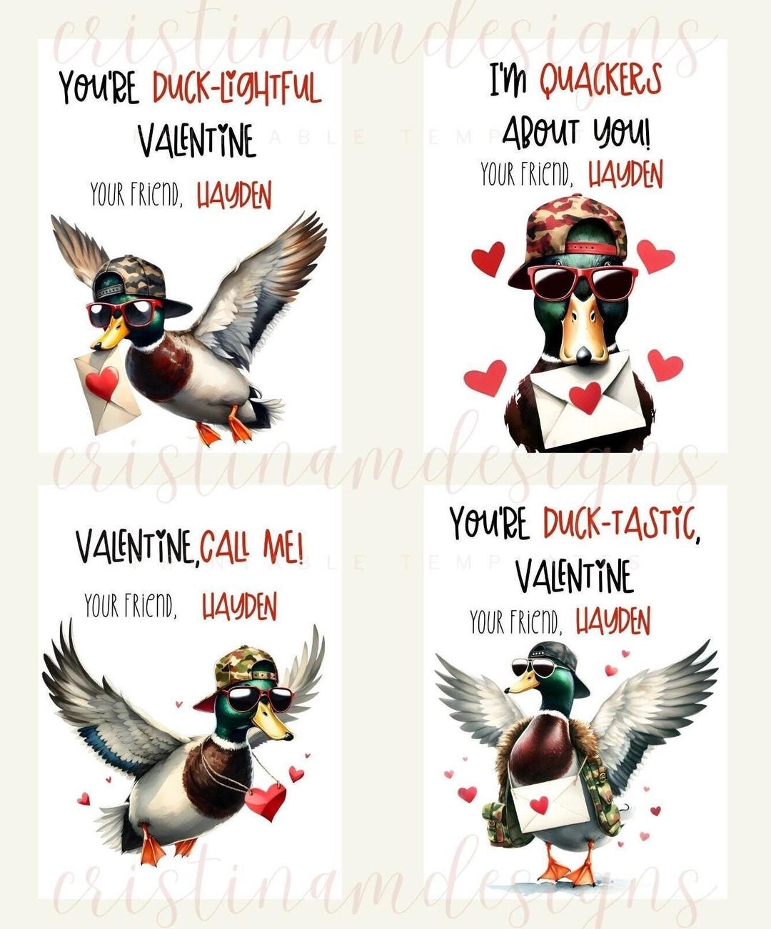 Printable Duck Valentine Cards,kids Valentines,mallard Duck Valentines ...