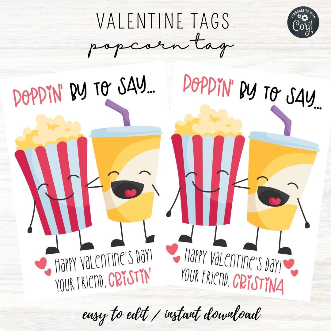 Printable Valentine Tags,popcorn Valentine Tag,kids Valentines,co ...