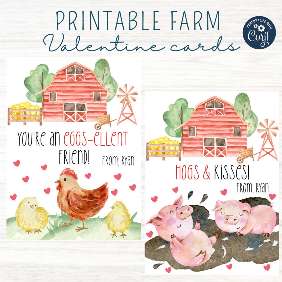 Farm Animals Valentine Cards,barnyard Valentines,kids Valentine Cards ...