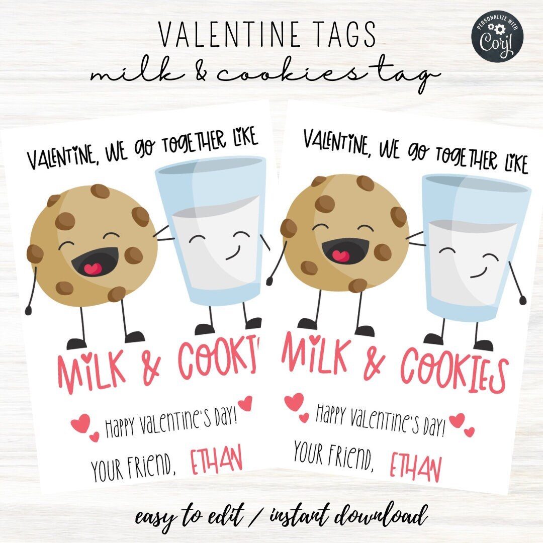 Printable Valentine Tags,milk and Cookies Tag,kids Valentines,classroom ...