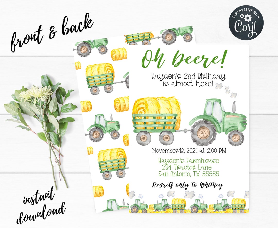 Green Tractor Birthday Invitation, Farm Party, Editable Template ...