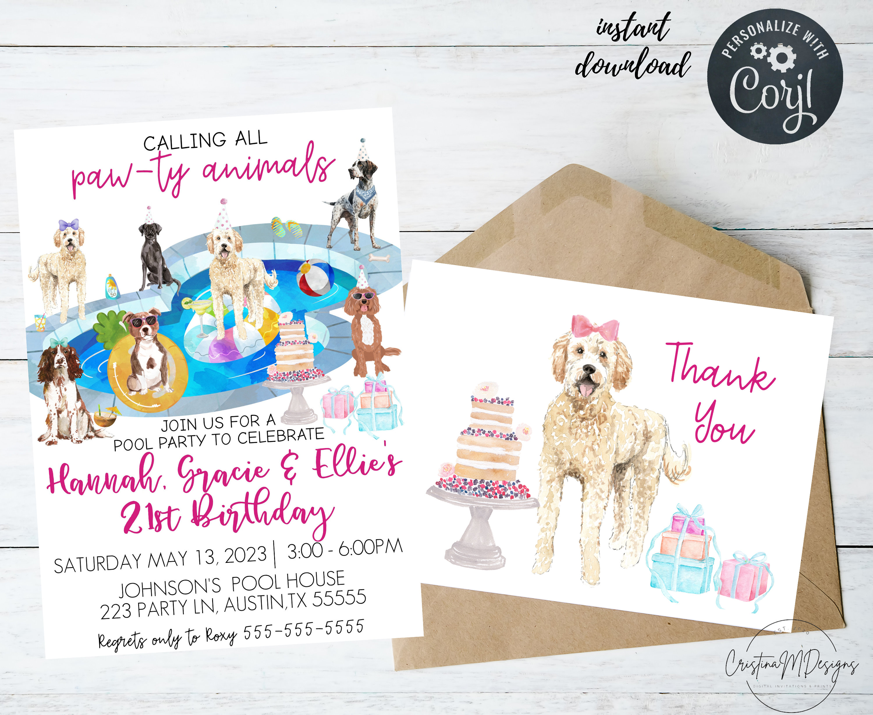 Bundle Doodle and Friends Dog Pool Party Invitation,editable Dog ...