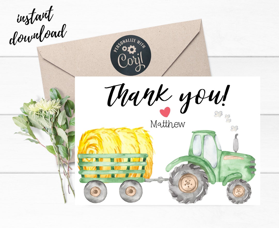 Editable Tractor Thank You Card,green Tractorthank You,farm Thank You ...