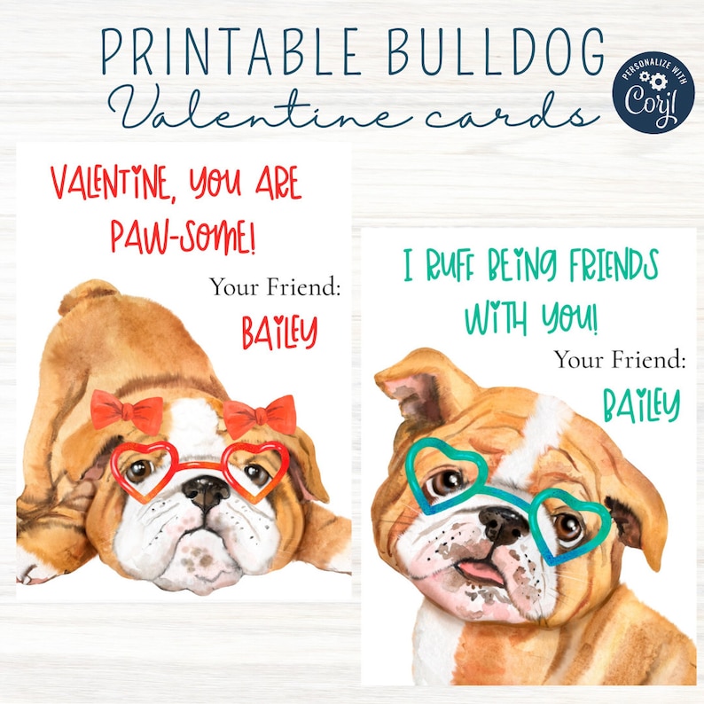Editable Dog Valentine Cards,bulldog Valentines,kids Valentine Cards ...