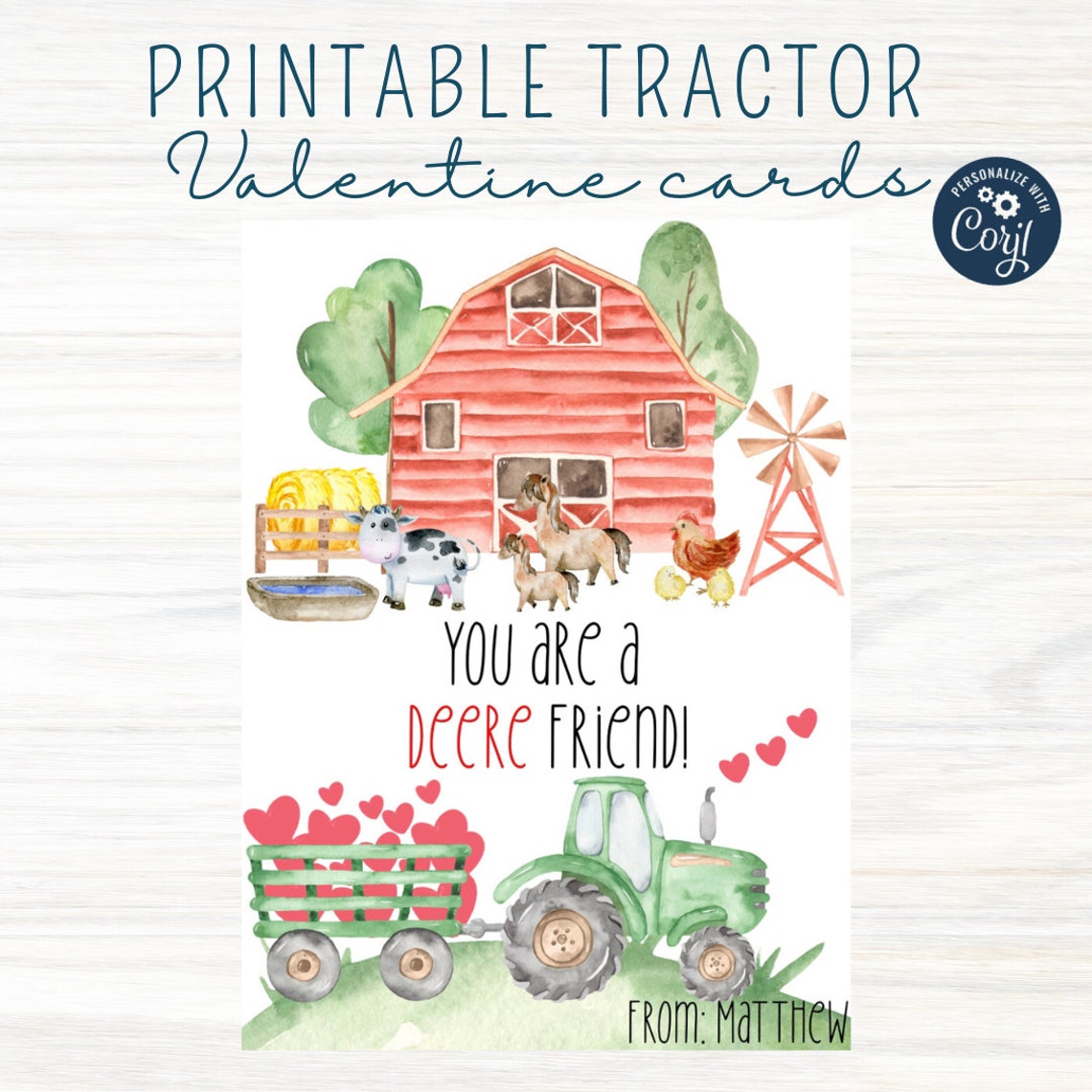 Editable Farm Valentine Cards,tractor Valentines,kids Valentine Cards ...