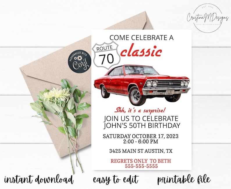 Red Classic Car Birthday Invitation,50th 60th 70th Birthday,celebrate a ...