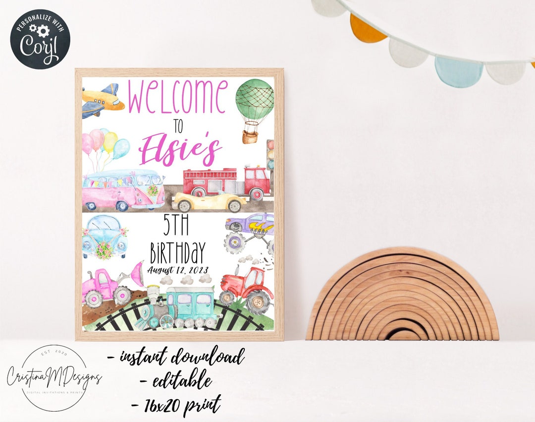 Editable Transportation Birthday Welcome Sign,transportation Vehicle ...