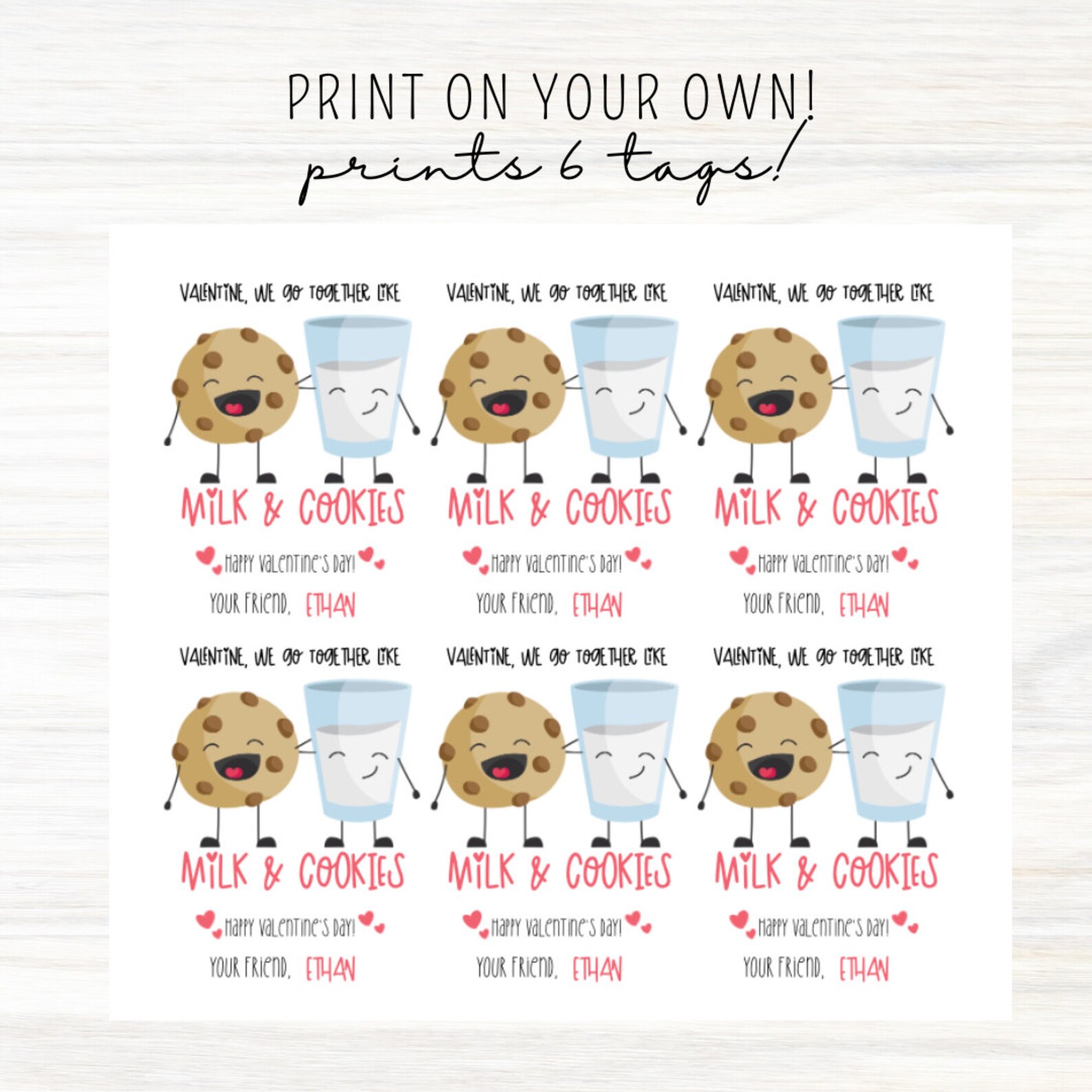 Printable Valentine Tags,milk and Cookies Tag,kids Valentines,classroom ...