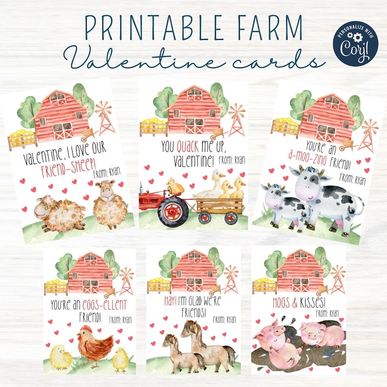 Farm Animals Valentine Cards,barnyard Valentines,kids Valentine Cards ...