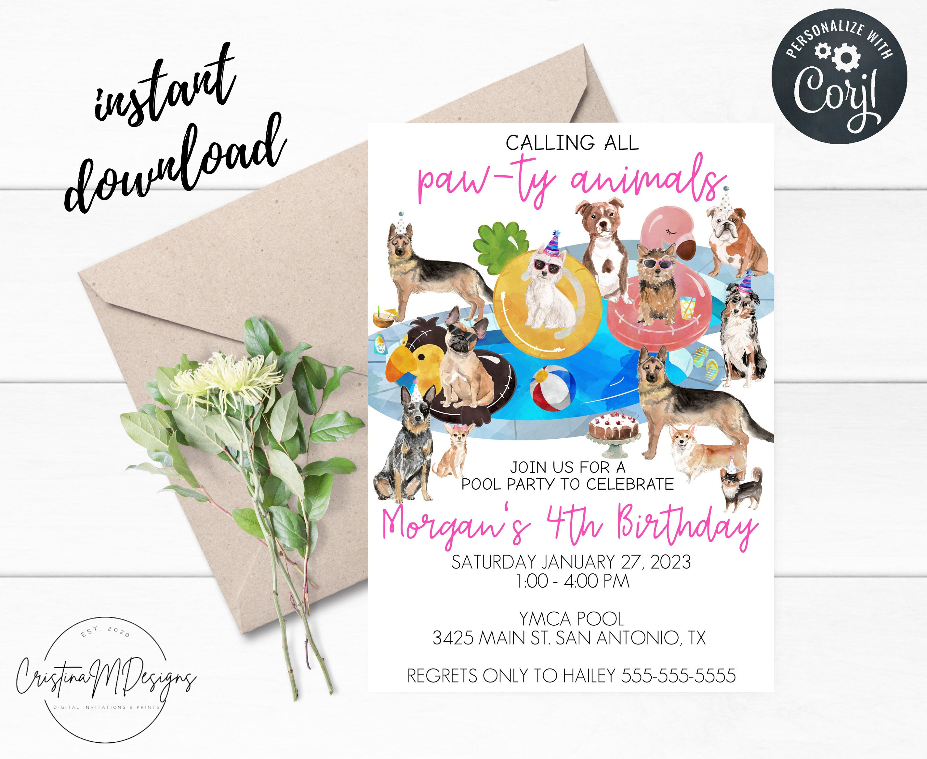 Kids Pool Party Invitation,editable Dog Birthday Invitation,birthday ...