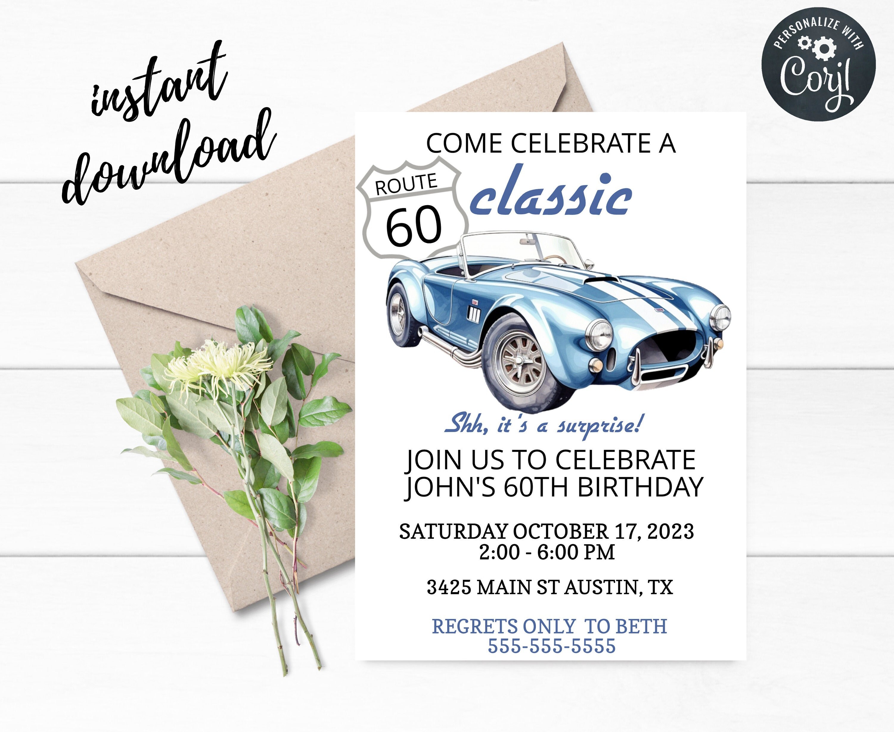 Classic Car Birthday Invitation,50th 60th 70th Birthday,celebrate a ...