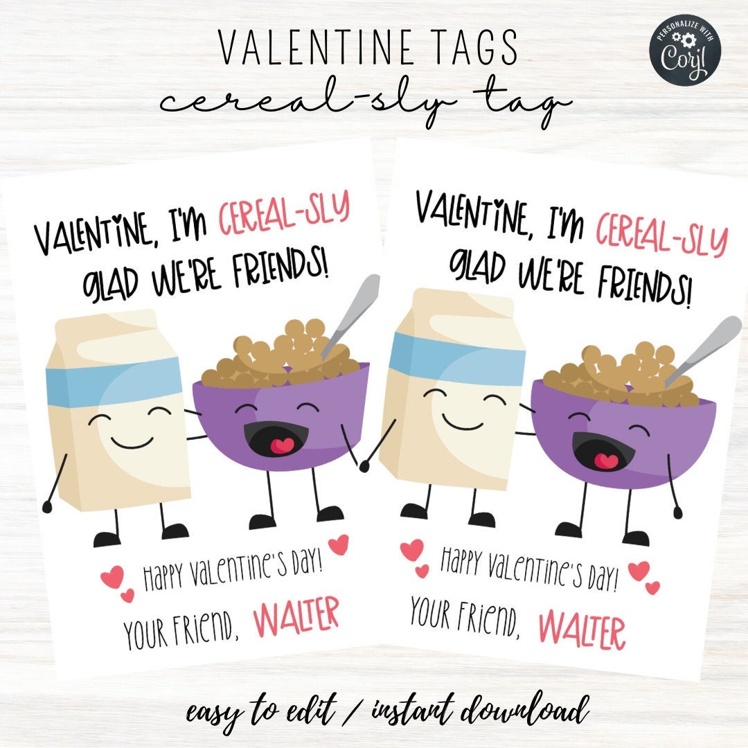 Printable Food Valentine Tags,cereal Valentine Tag,kids Valentines ...