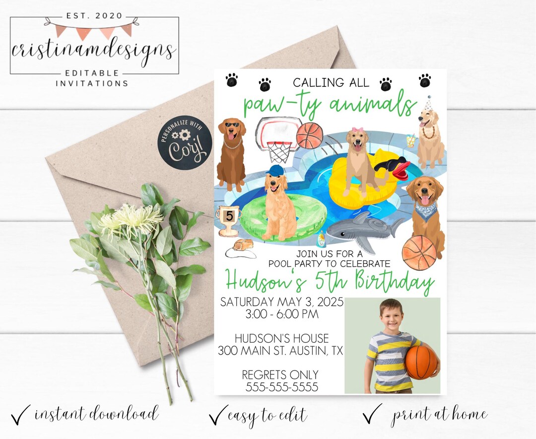 Boy Golden Retriever Pool Party Invitation,editable Dog Birthday ...