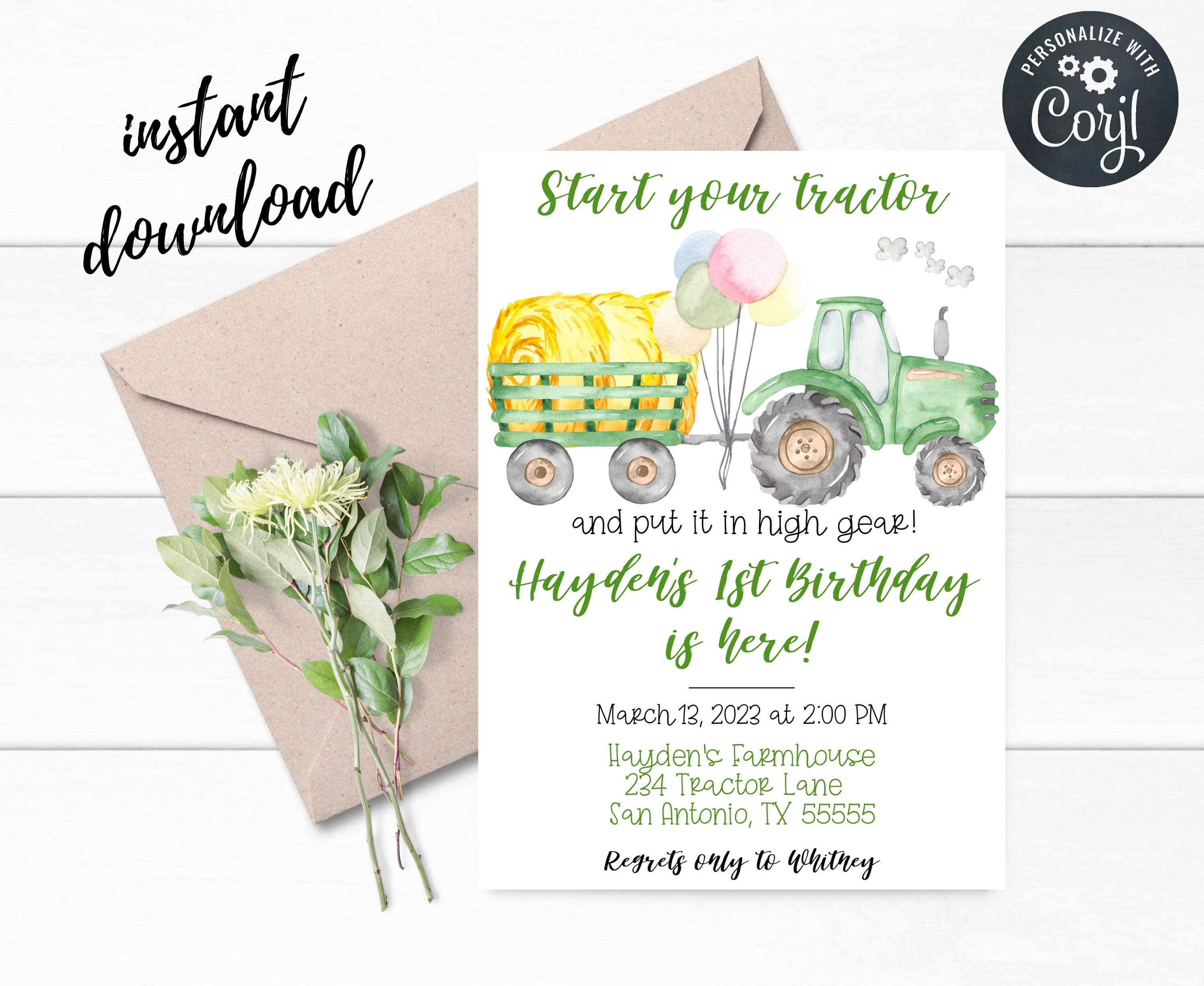 Editable Tractor Birthday Party,green Tractor Birthday Invitation,farm ...