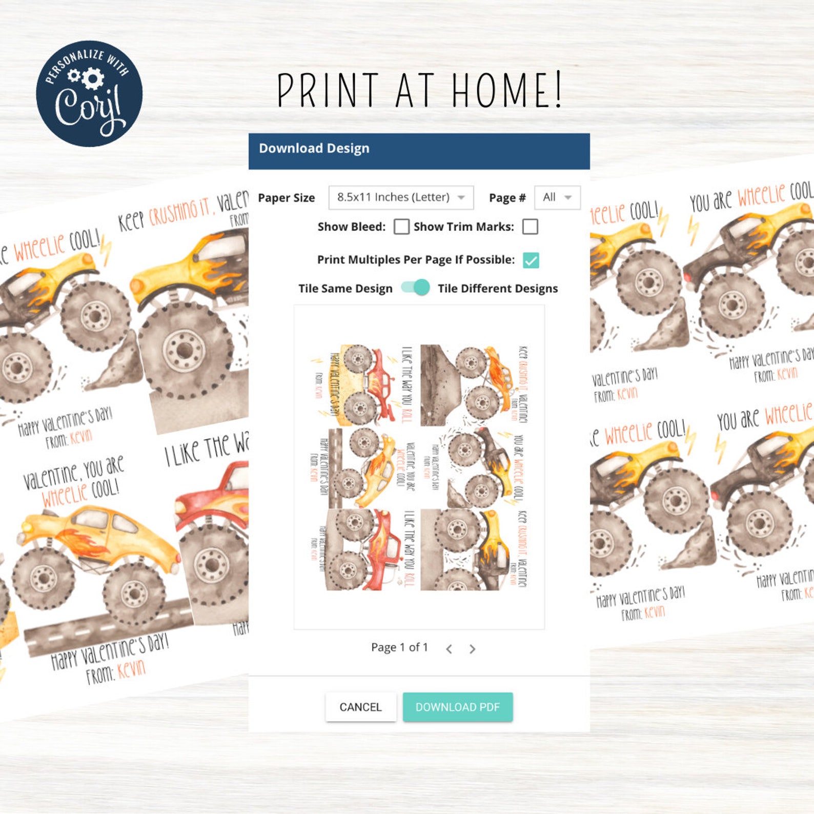 Editable Monster Truck Valentine Cards,boy Valentines,kids Valentine ...