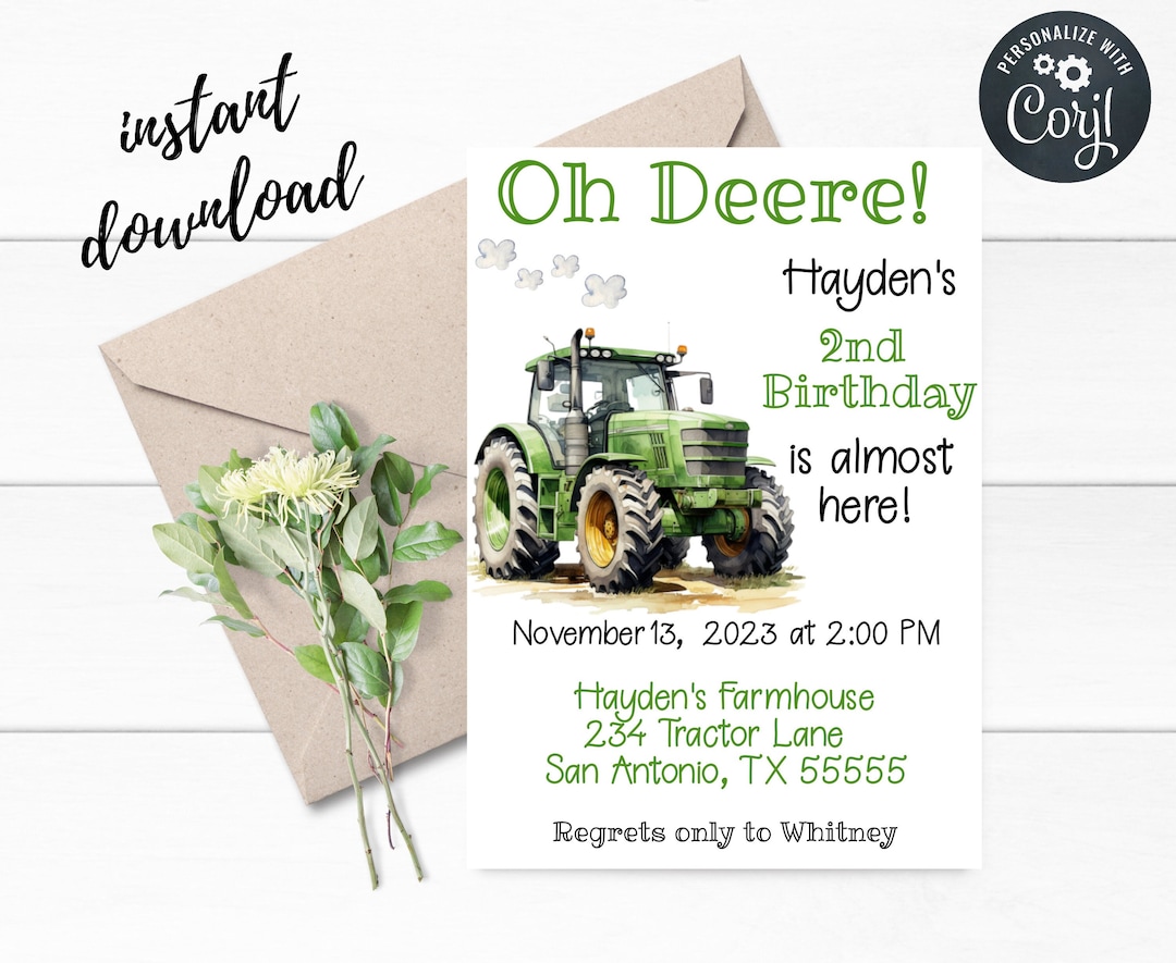Green Tractor Birthday Invitation, Farm Party, Editable Template ...