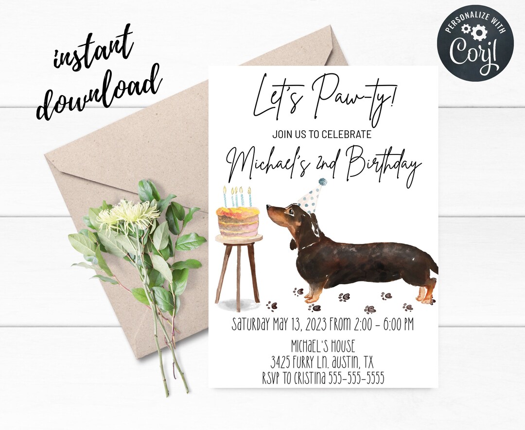 Dog Invitation,dachshund Boy Birthday Invitation,editable Dog Party ...