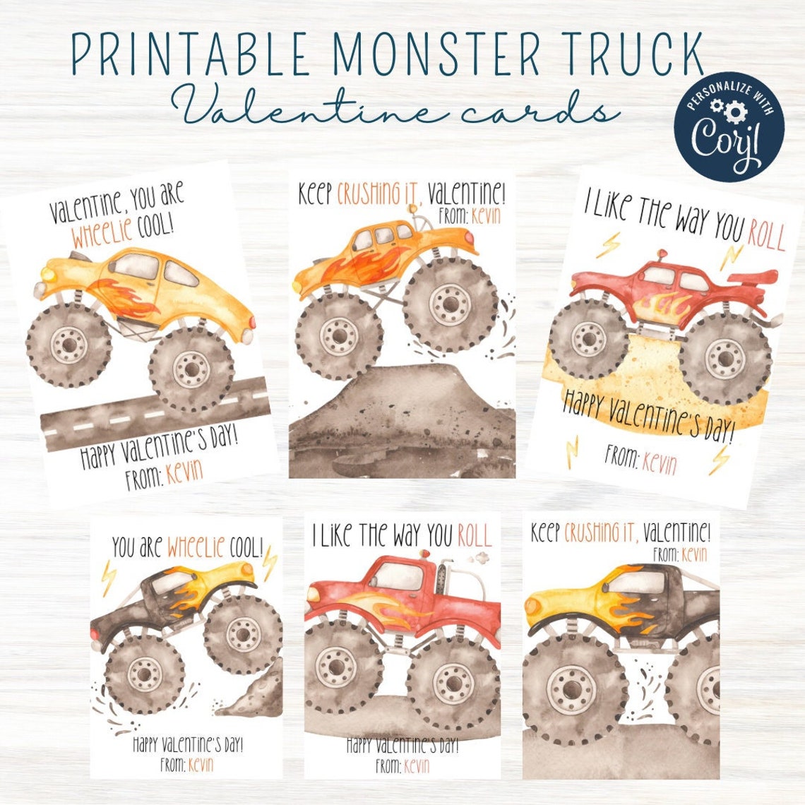Editable Monster Truck Valentine Cards,boy Valentines,kids Valentine ...
