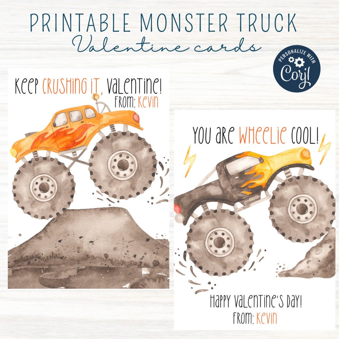 Editable Monster Truck Valentine Cards,boy Valentines,kids Valentine ...