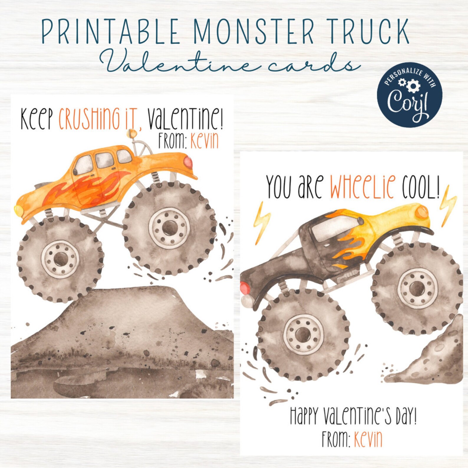 Editable Monster Truck Valentine Cards,boy Valentines,kids Valentine ...