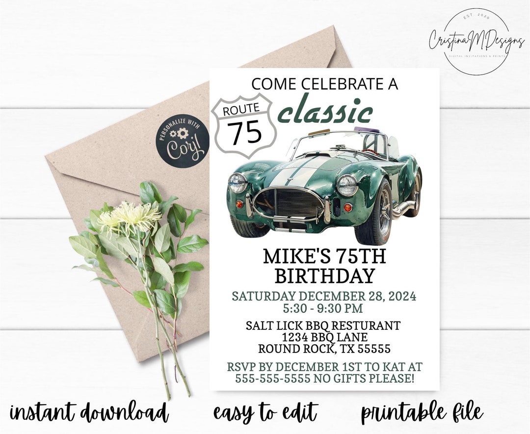 1965 Shelby Cobra Classic Car Birthday Invitation,50th 60th 70th ...