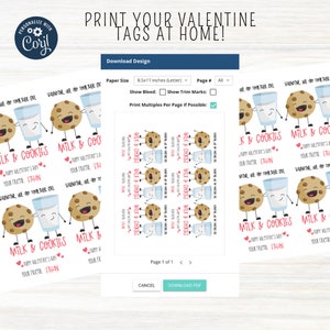 Printable Valentine Tags,milk and Cookies Tag,kids Valentines,classroom ...