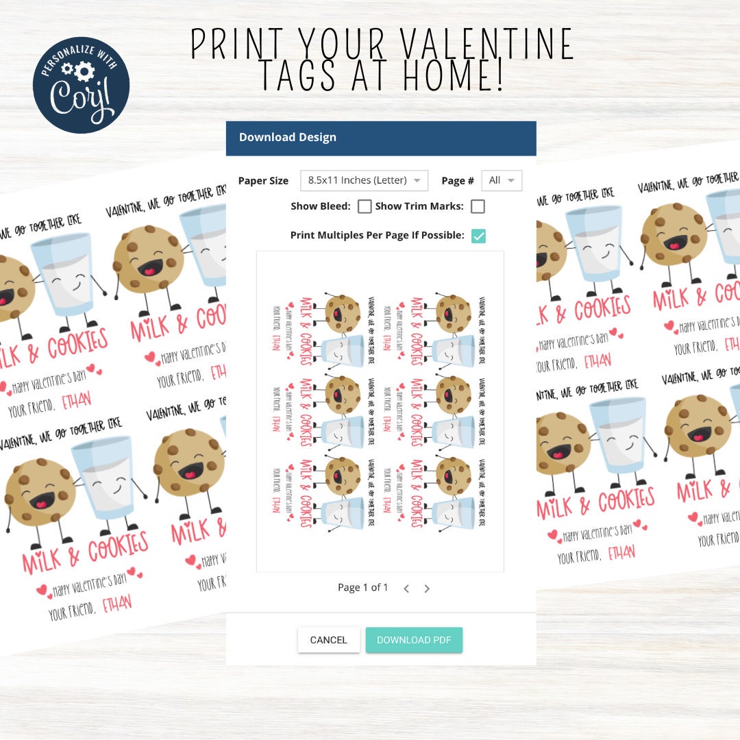 Printable Valentine Tags,milk and Cookies Tag,kids Valentines,classroom ...