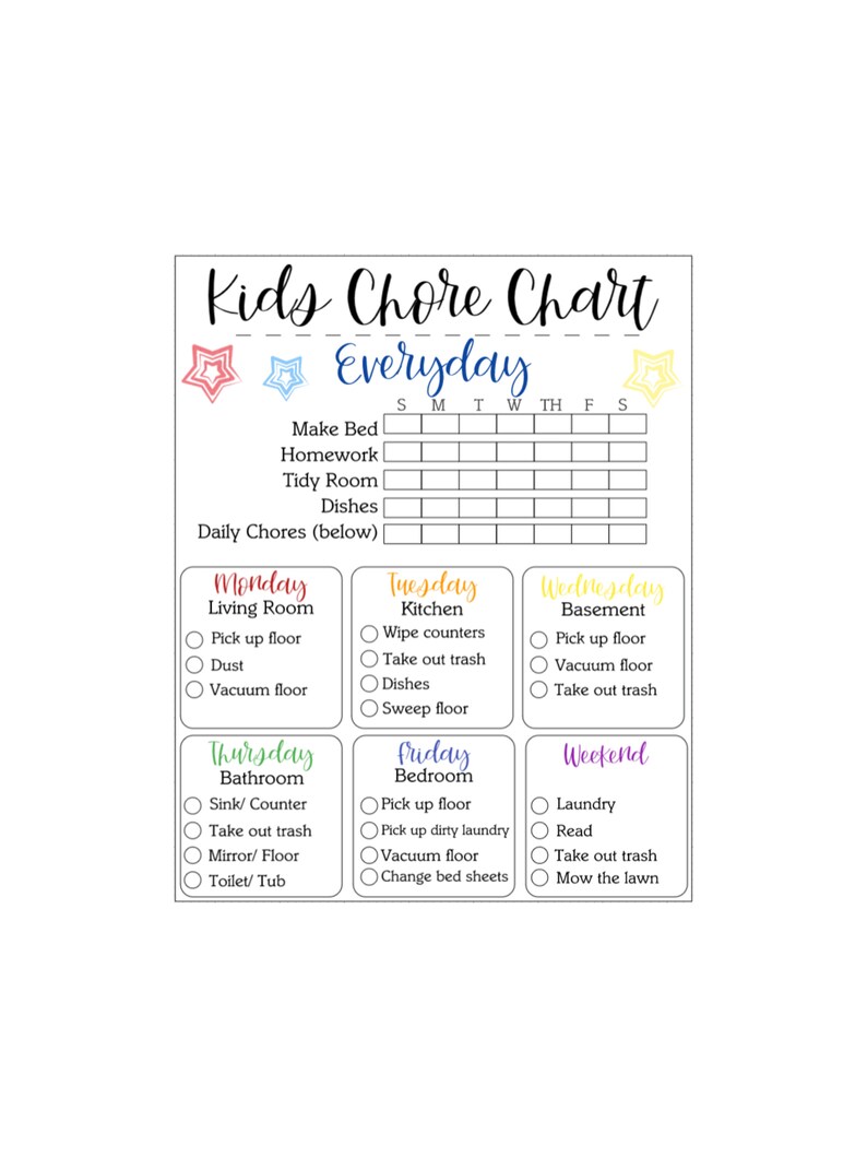 Kids Chore Chart Ages 8+ Digital Download - Etsy