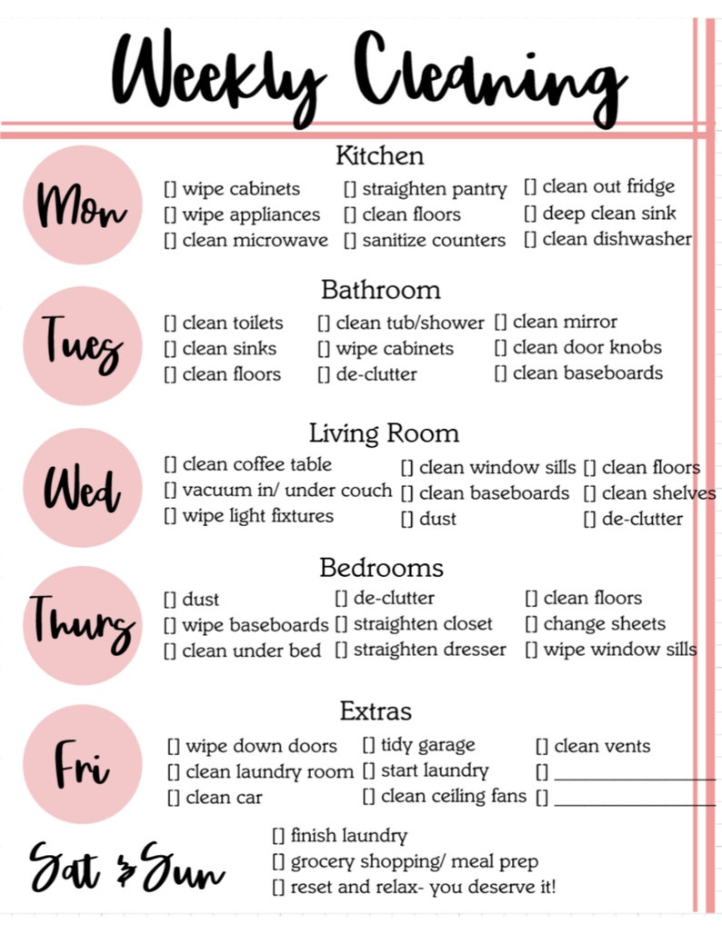 Weekly Cleaning Checklist Digital Download - Etsy