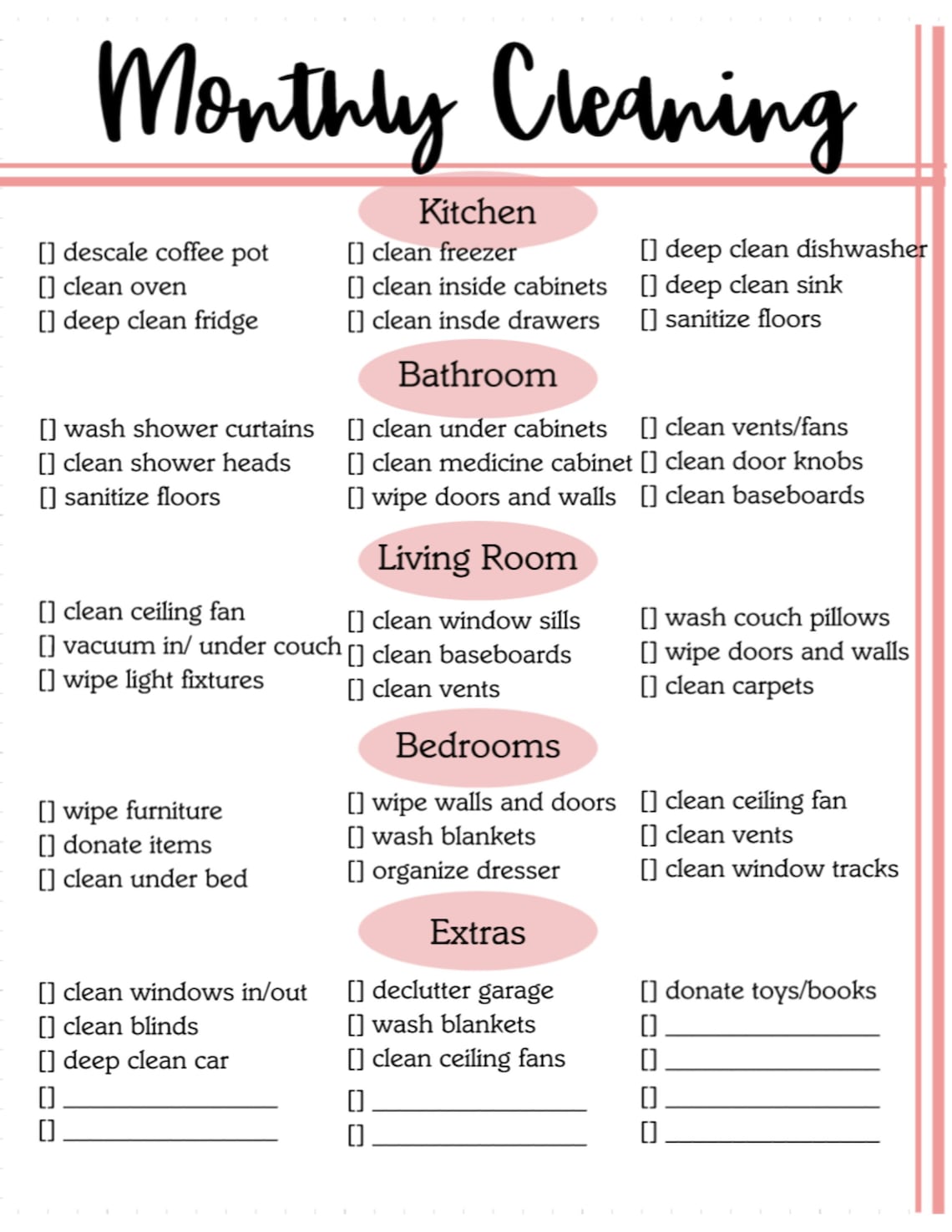 Monthly Cleaning Checklist Digital Download - Etsy