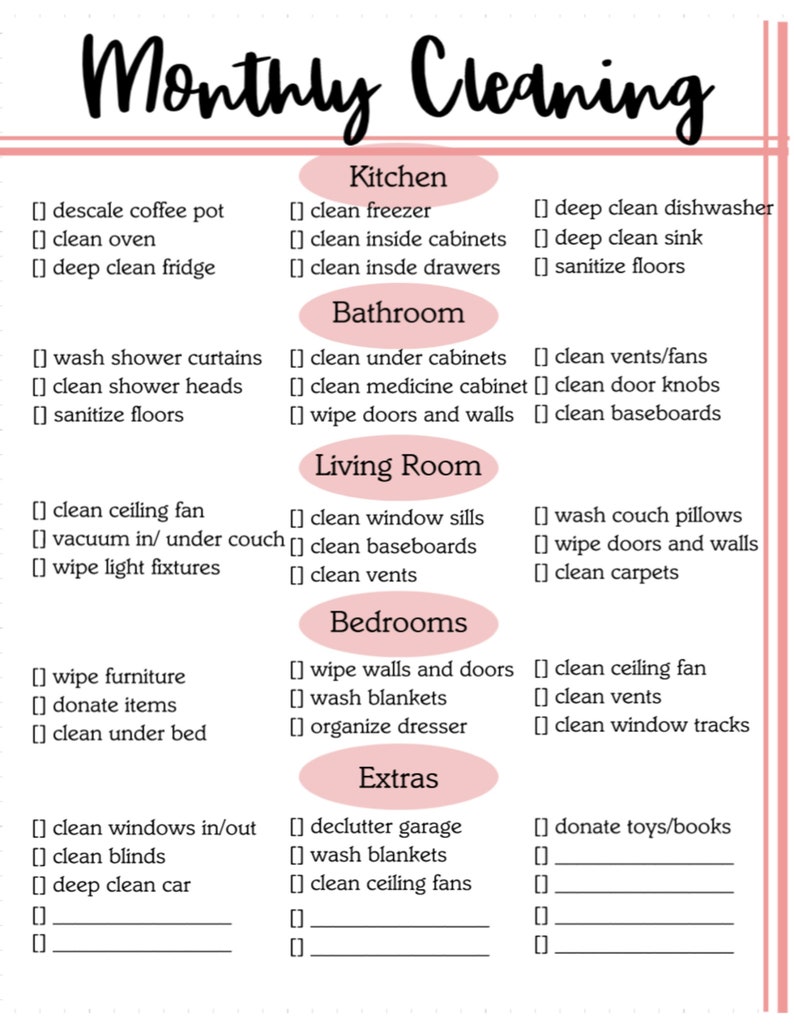 Monthly Cleaning Checklist Digital Download - Etsy