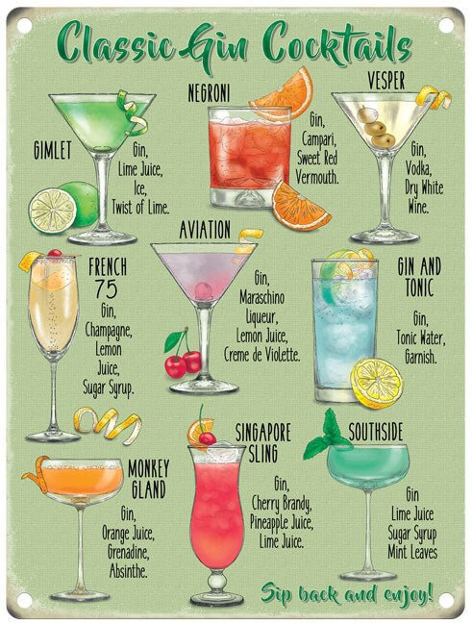 Classic Gin Cocktails Metal Sign 15cm X 20cm - Etsy
