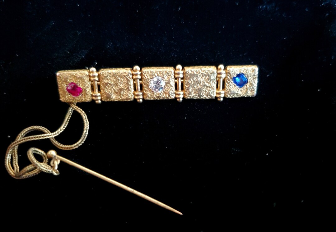 Victorian 14k Gold Bar Pin With Diamond, Ruby and Sapphire - Etsy
