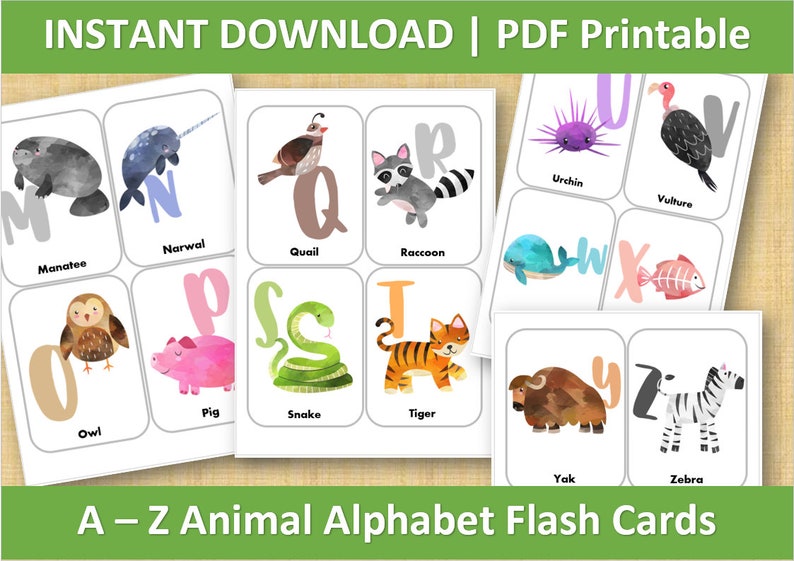 ABC Flash Cards Watercolor Animals Alphabet Printable - Etsy.de