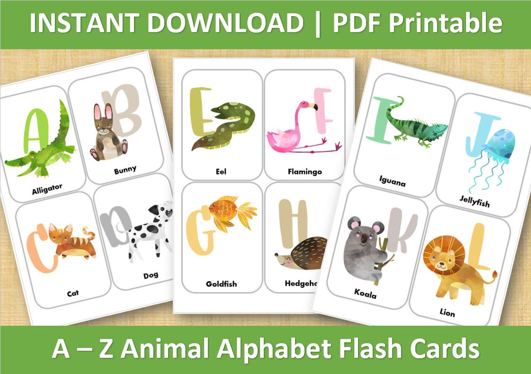 ABC Flash Cards Watercolor Animals Alphabet Printable Montessori ...