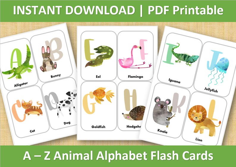 ABC Flash Cards Watercolor Animals Alphabet Printable - Etsy.de