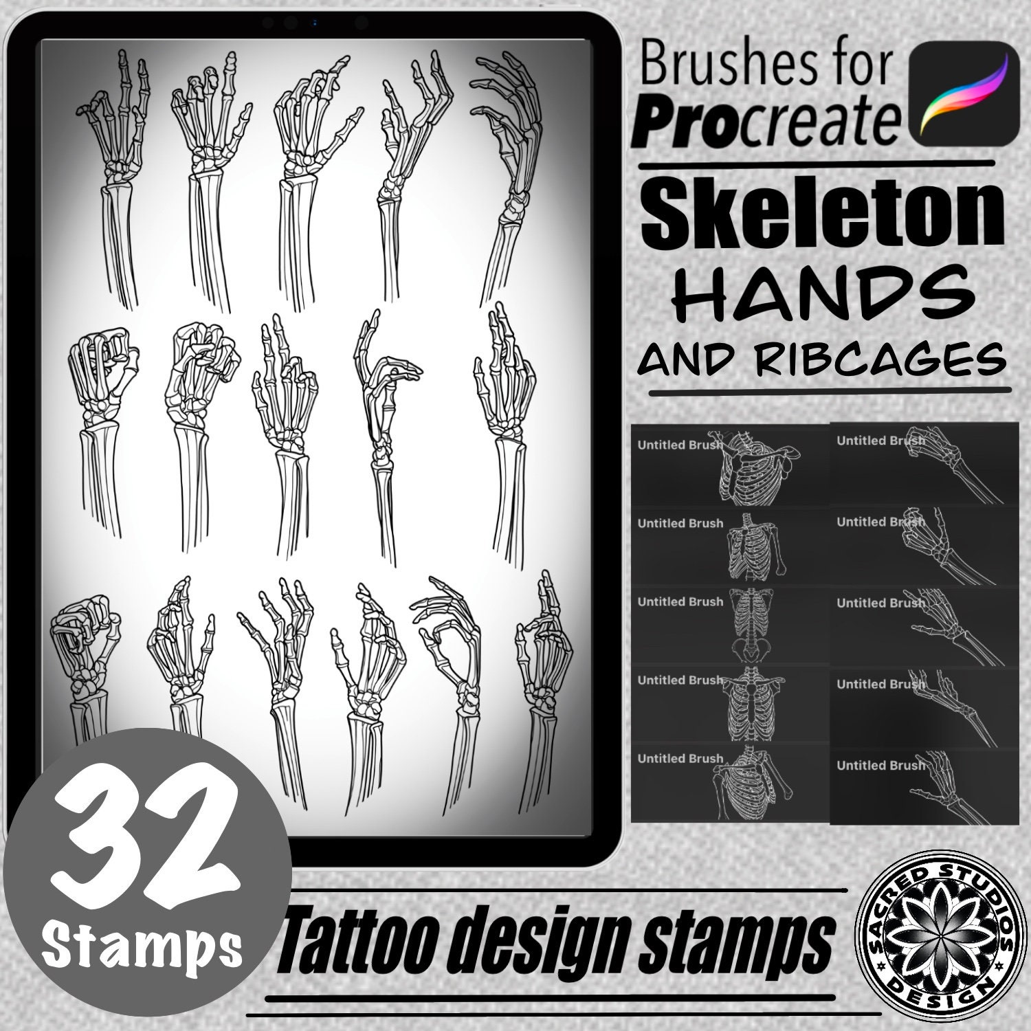32 Skeleton Hands/Ribcages Tattoo Stamp Brush Set For | Etsy