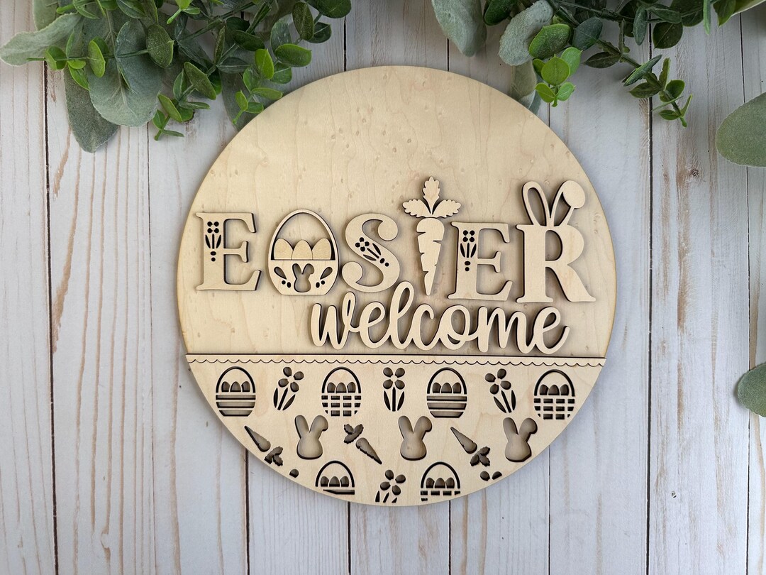 DIY Easter Welcome Round Sign Door Hanger, Unfinished Wood Sign Kit ...