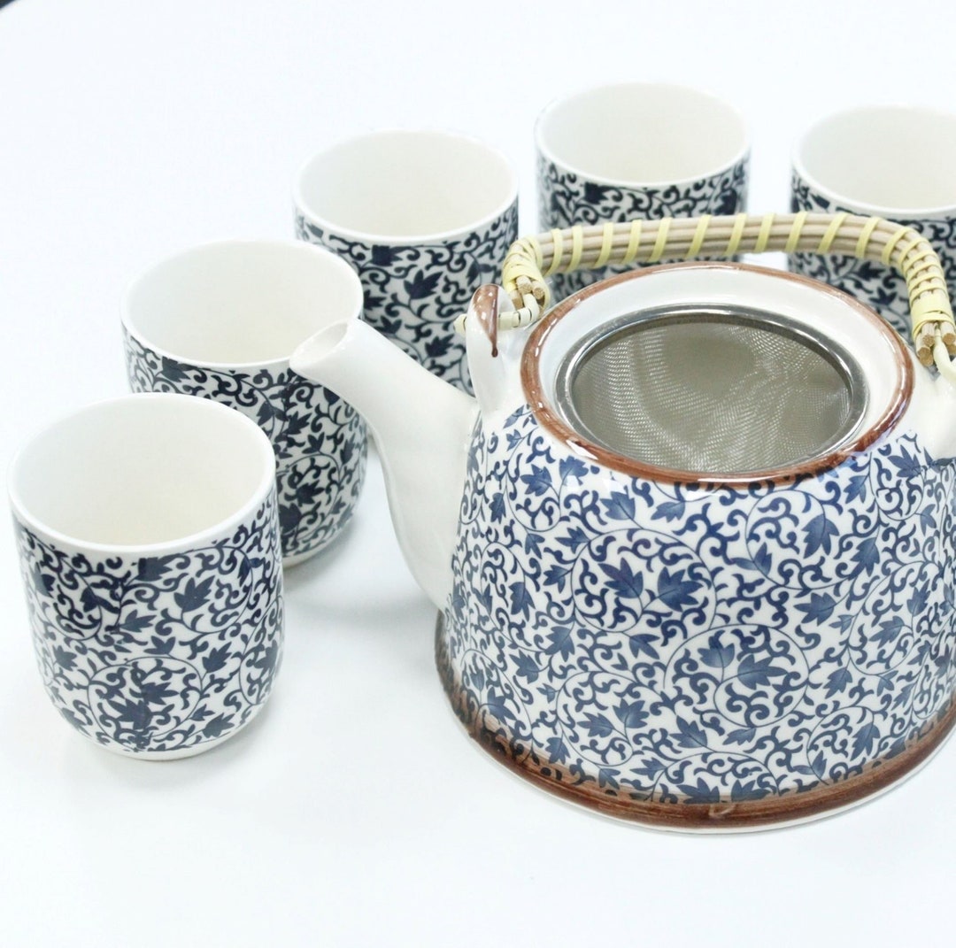 Beautiful Oriental Style Blue Pattern Teapot Set With Infuser & 6 Cups ...