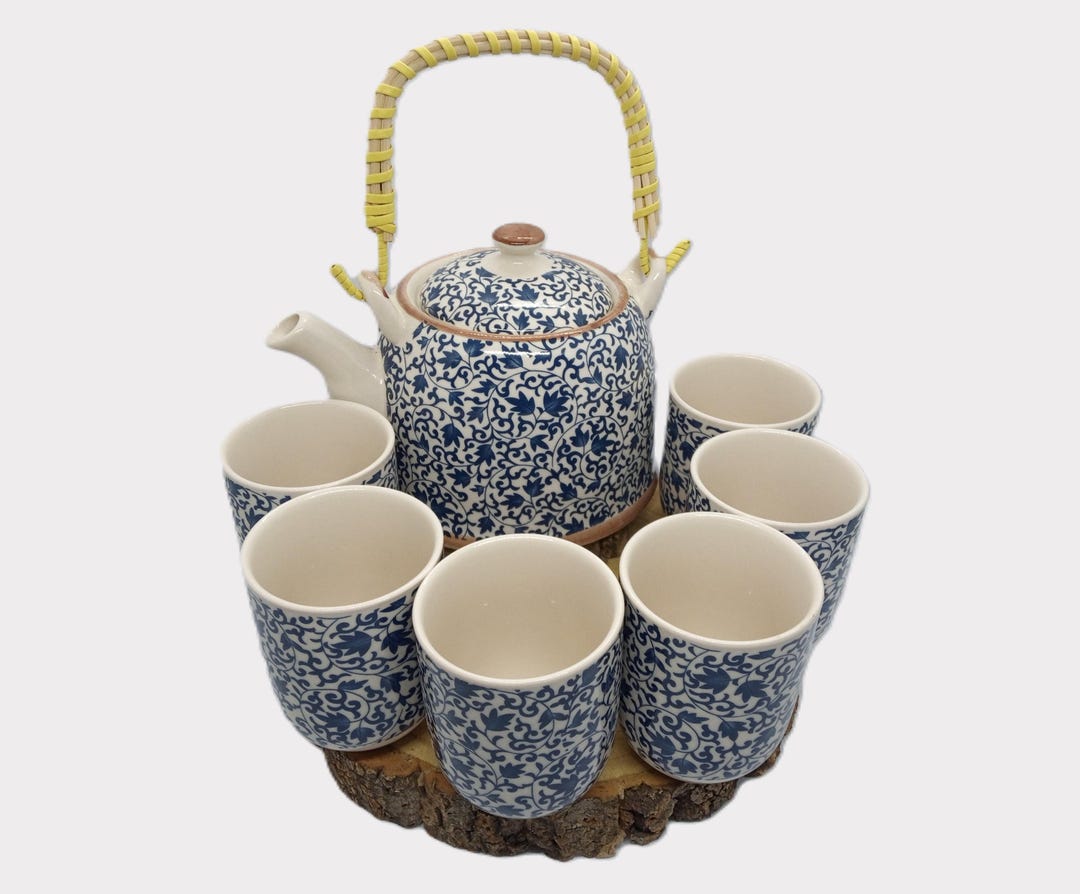 Beautiful Oriental Style Blue Pattern Teapot Set With Infuser & 6 Cups ...