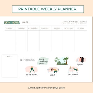 Desk Yoga Weekly Planner Printable | Healthy Daily Reminders | A4 High ...