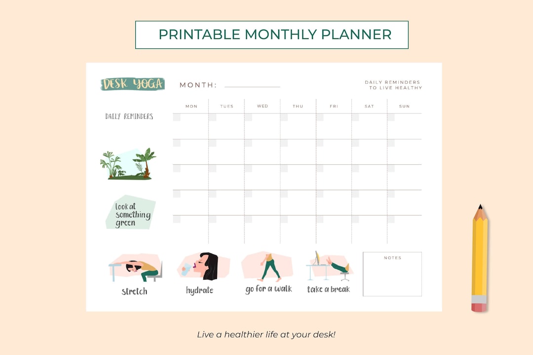 Desk Yoga Monthly Planner Printable | Daily Reminders to Live a ...