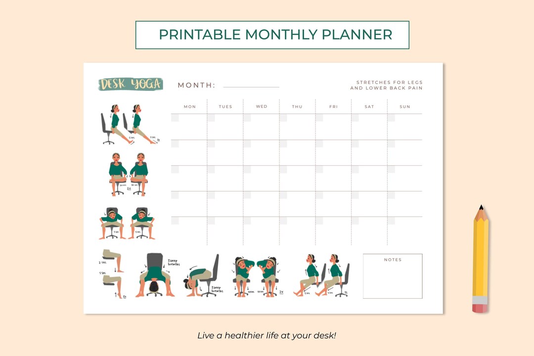 Desk Yoga Monthly Planner Printable | Lower Back and Legs Stretches ...