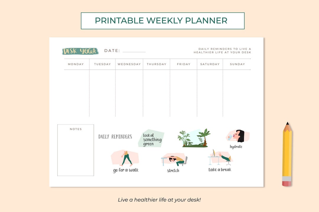 Desk Yoga Weekly Planner Printable | Healthy Daily Reminders | A4 High ...