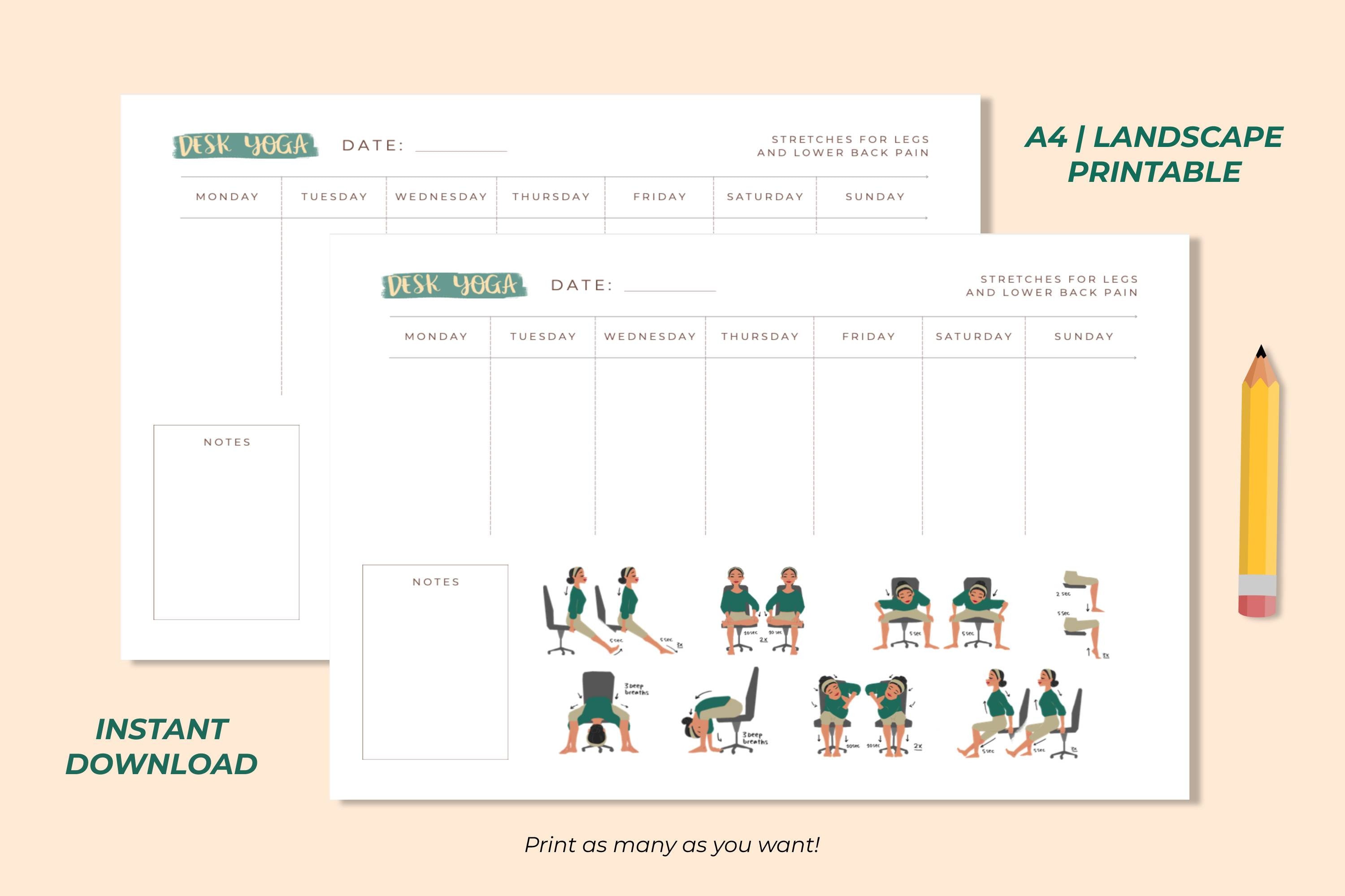Desk Yoga Weekly Planner Printable Lower Back and Legs Stretches A4 ...
