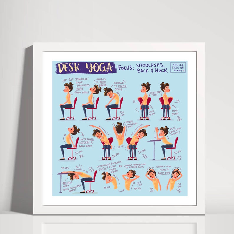 Desk Yoga Print Blue Yoga Pose Print Home Office Print WFH Print Yoga ...