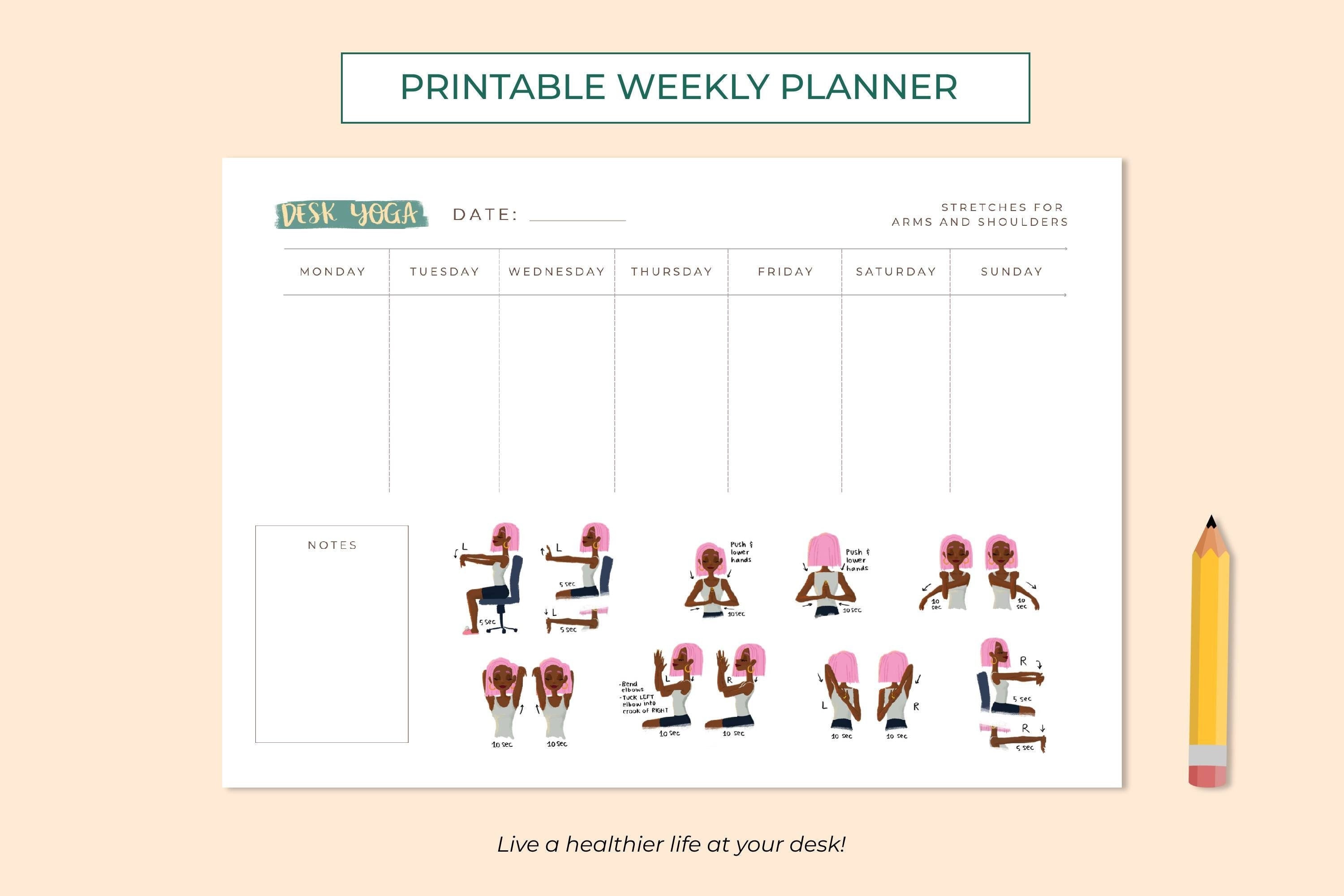 Desk Yoga Weekly Planner Printable | Arms and Shoulder Stretches | A4 ...