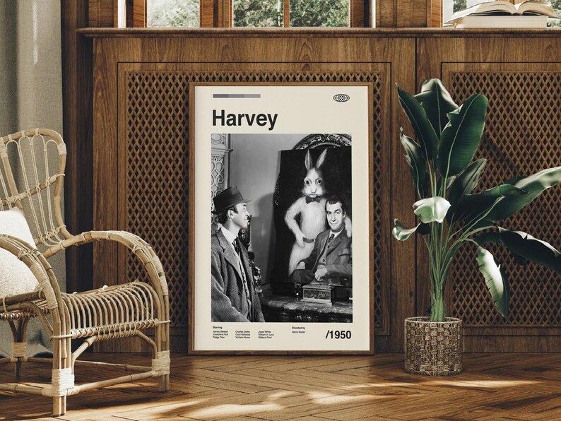Harvey Vintage Minimalist Movie Poster, James Stewart, Midcentury Wall ...