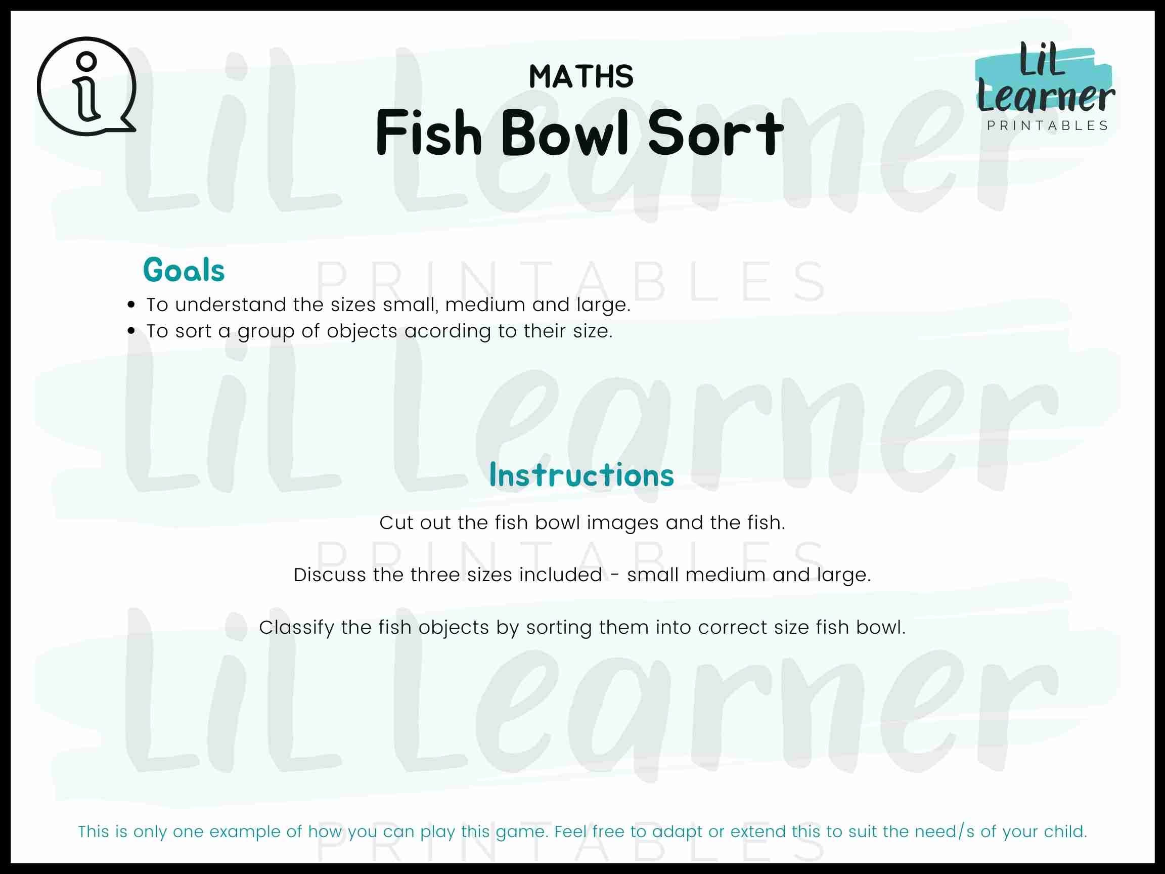 Printable, Educational Activity, Homeschool, Fish Bowl, Size Sort - Etsy